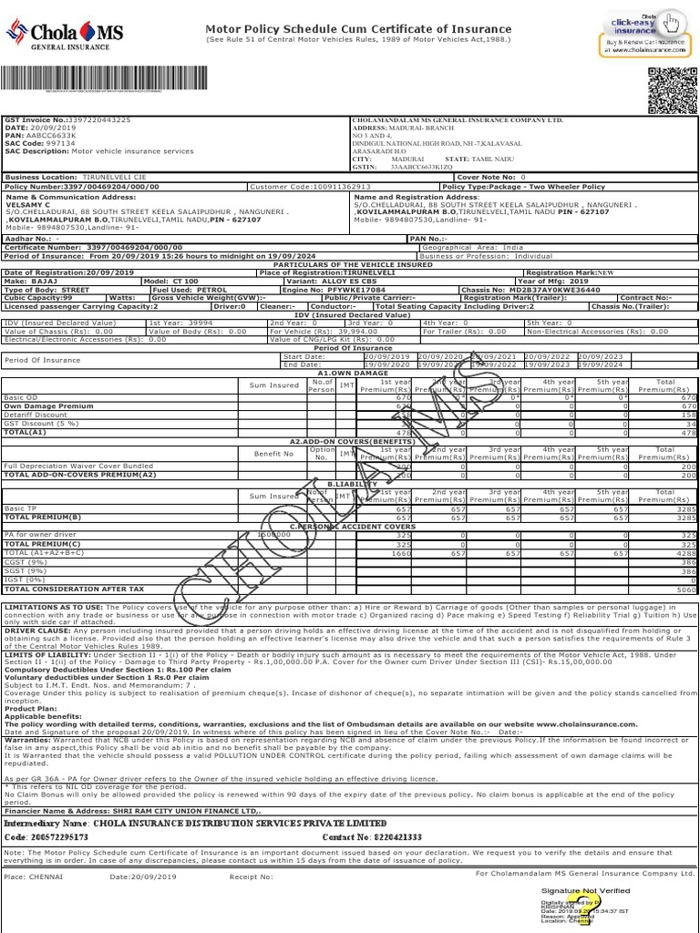 Chola MS: Motor Policy Schedule Cum Certificate of Insurance | Download ...