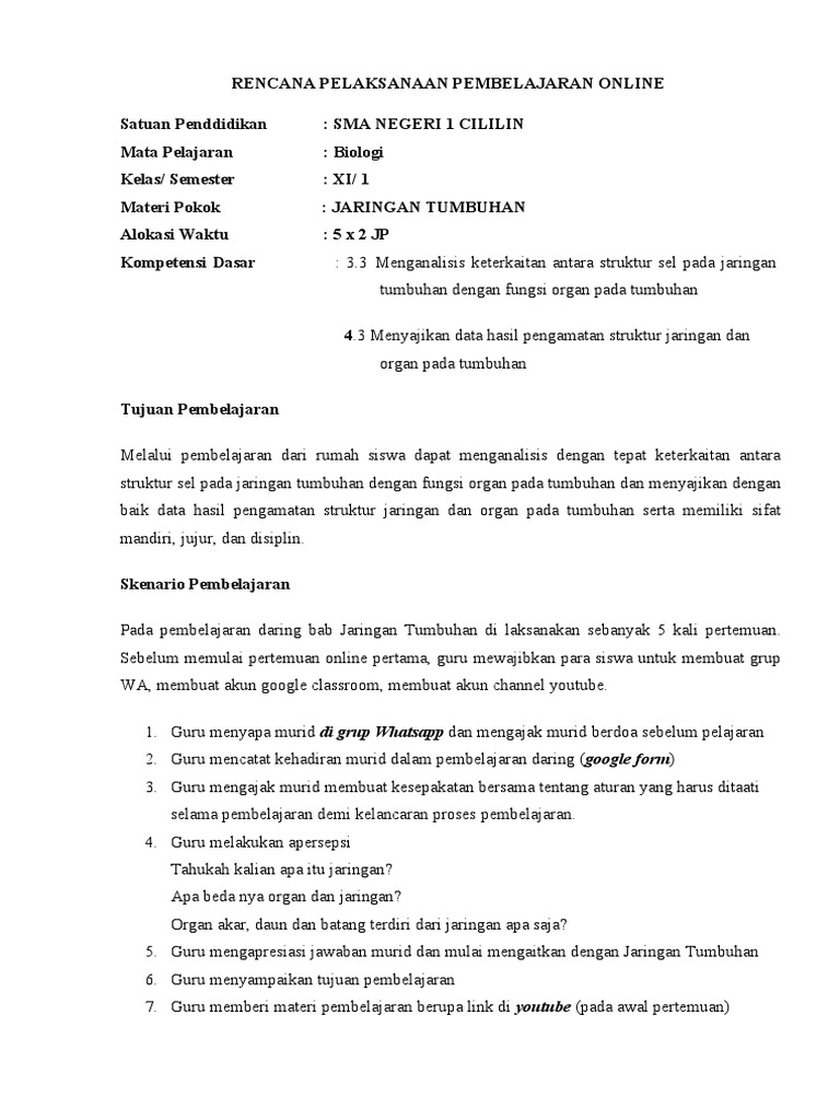 RPP Daring Jaringan Tumbuhan | PDF