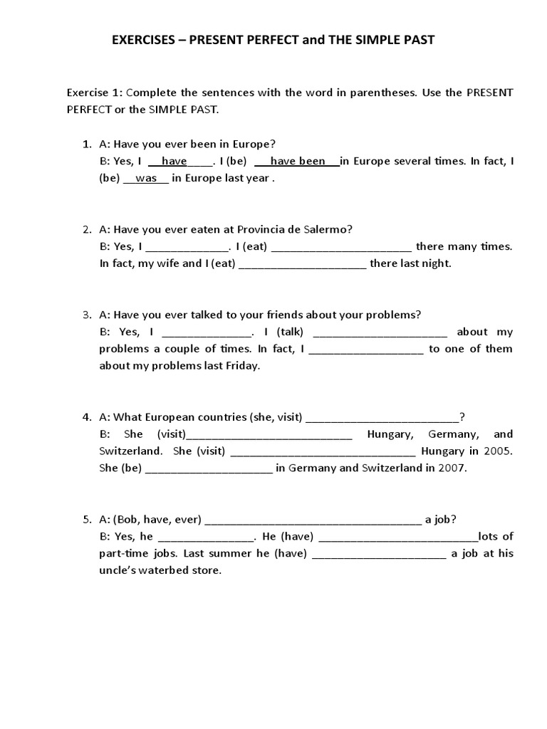 EXERCISES PRESENT PERFECT and SIMPLE PAST Based On English Grammar Book ...