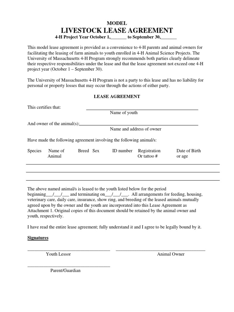 Livestock Lease Agreement: 4-H Project Year October 1, - To September ...