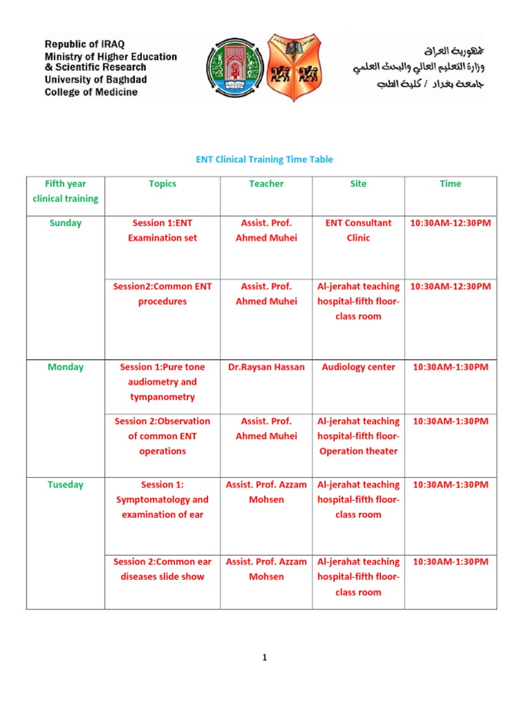 Fifth Year ENT Clinical Training Schedule | PDF | Surgery | Hearing