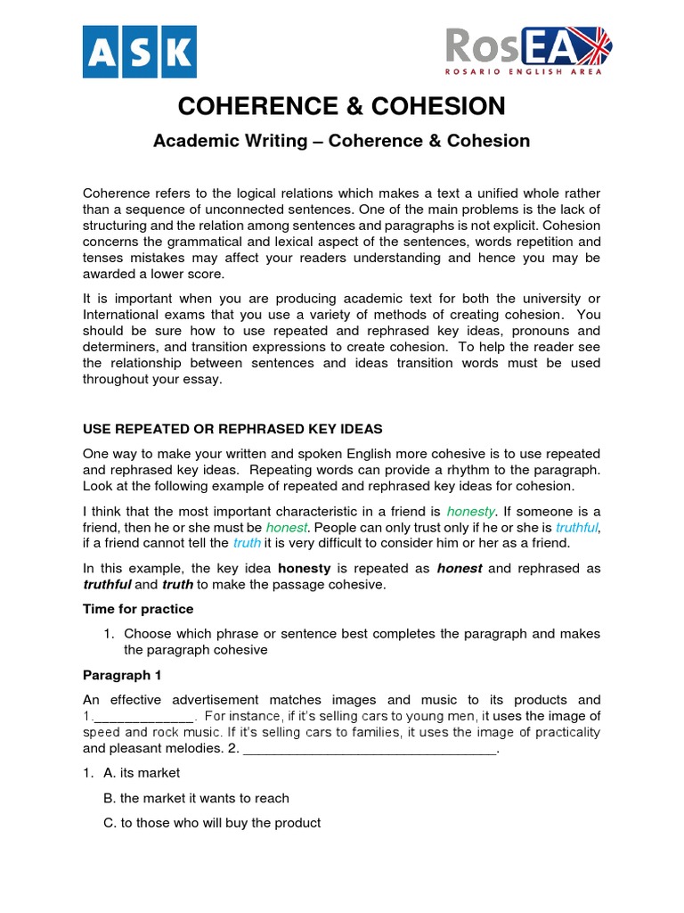Enhancing Coherence and Cohesion in Writing | PDF | Word | Sentence ...