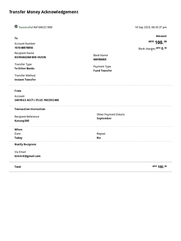 Transfer Acknowledgement: Ref 696321989 | PDF | Finance & Money Management