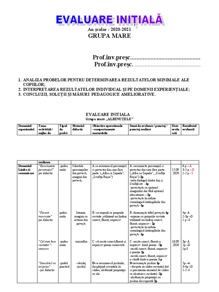 Evaluare Initiala Grupa Mare 2020 2021 | PDF