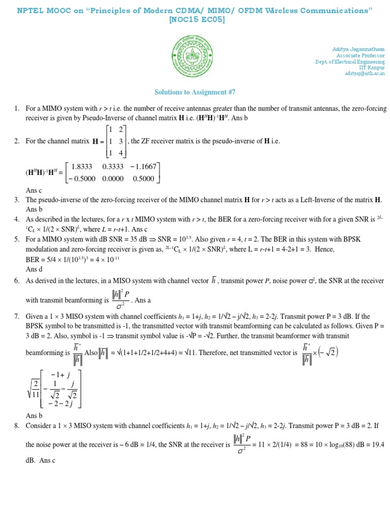 Solutions To Assignment #7: H H H H H | PDF | Mimo | Algebra
