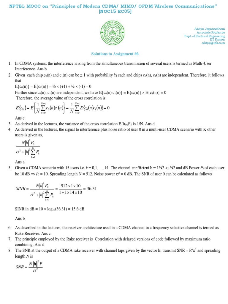 Solutions 6 Wireless NPTEL MOOC PDF | PDF | Mimo | Signal To Noise Ratio
