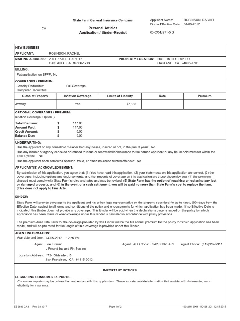 Binder of Insurance | PDF | Deductible | Insurance