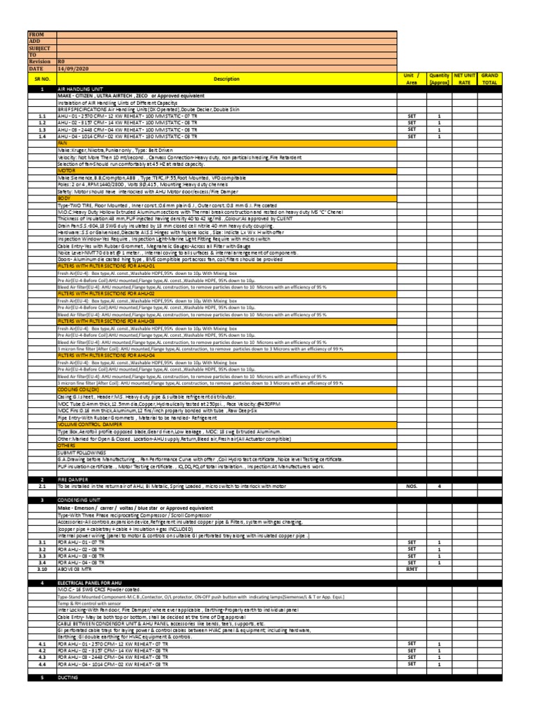 BoQ For HVAC Requirement For ZPPL | PDF | Duct (Flow) | Extrusion