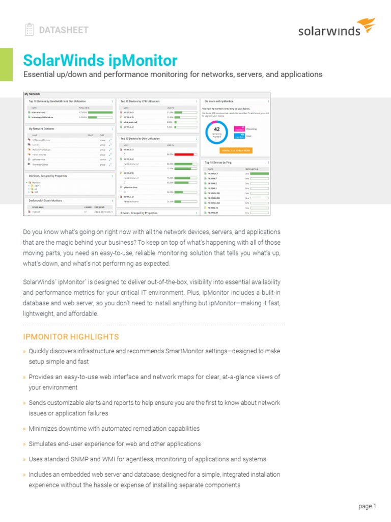 Solarwinds Ipmonitor: Datasheet | PDF | Computer Network | Trademark