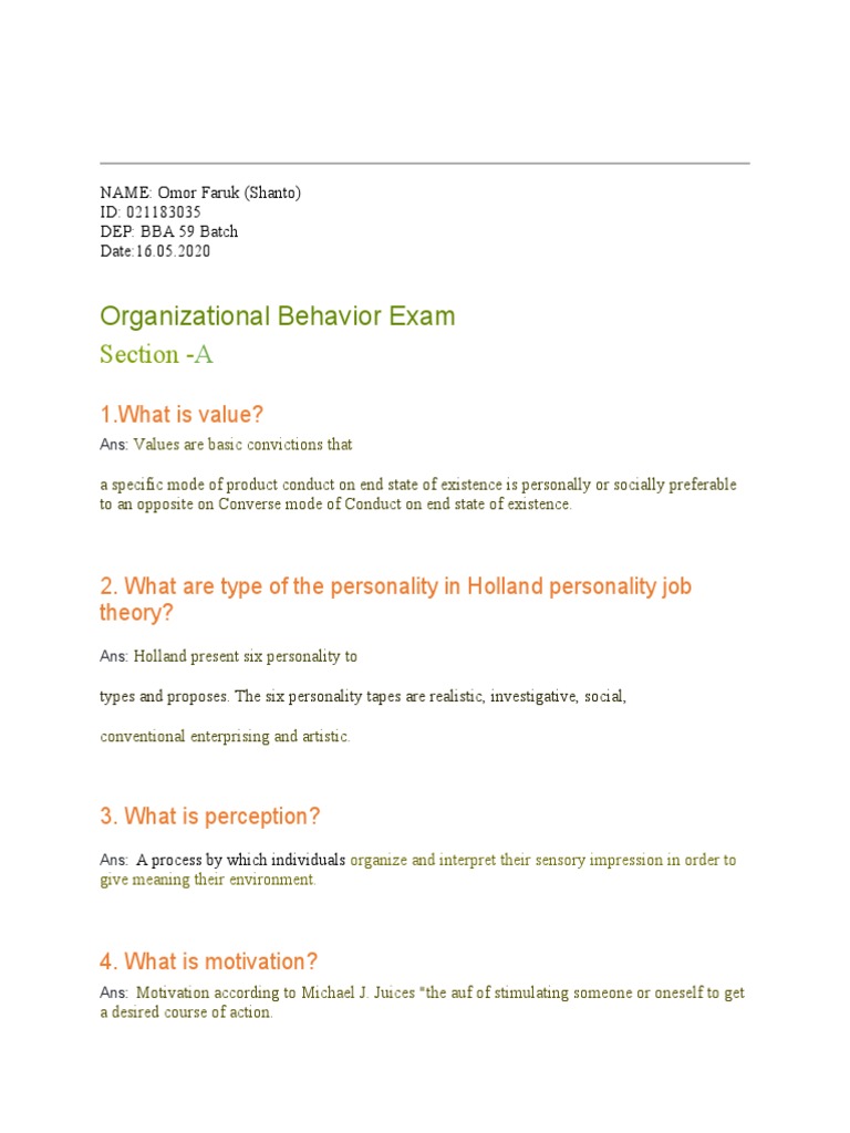Organizational Behavior Exam: Section | PDF | Neuropsychological ...