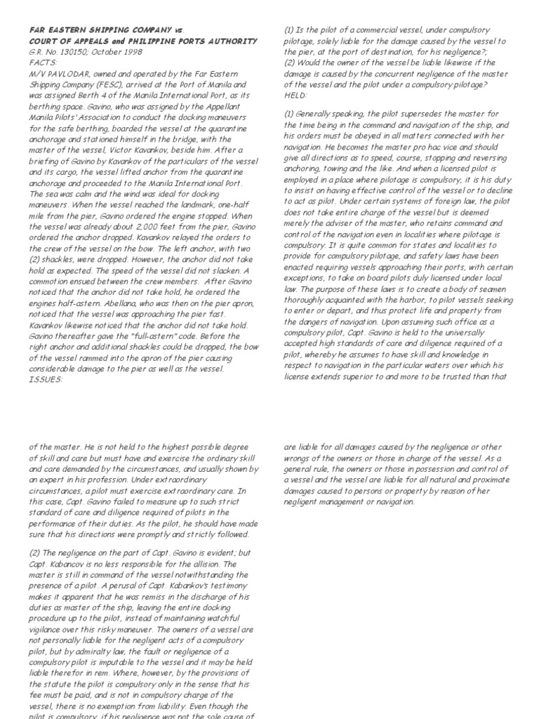 Far Eastern Shipping V CA (1998) | PDF | Maritime Pilot | Legal Liability