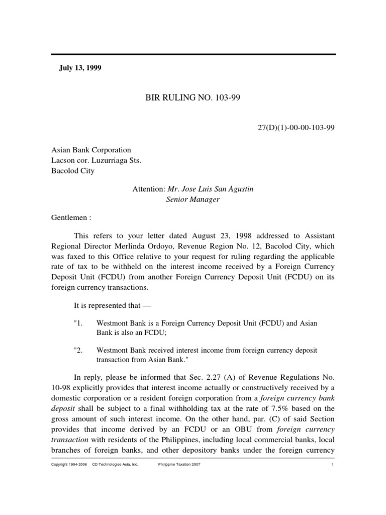 BIR Ruling 103-99 - Asian Bank Ruling - FCDU To FCDU | PDF ...