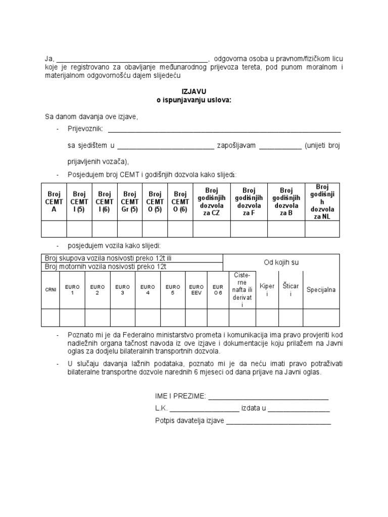 Izjava o Ispunjavanju Uslova | PDF