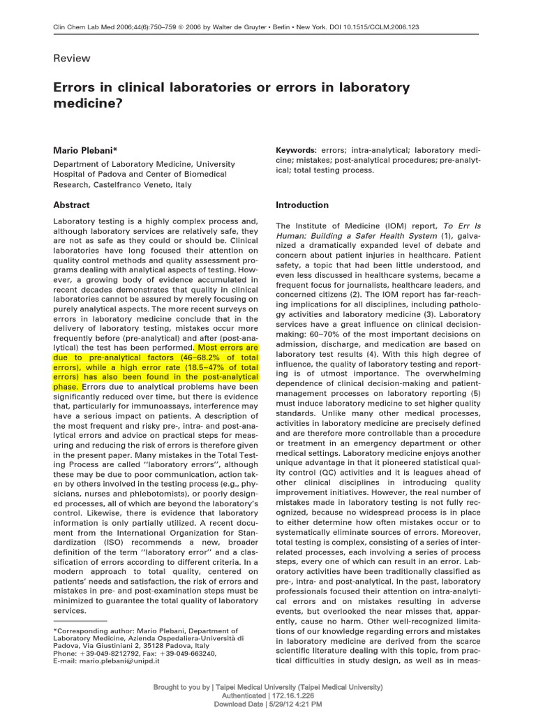 Errors in Clinical Laboratories or Errors in Laboratory Medicine? | PDF ...