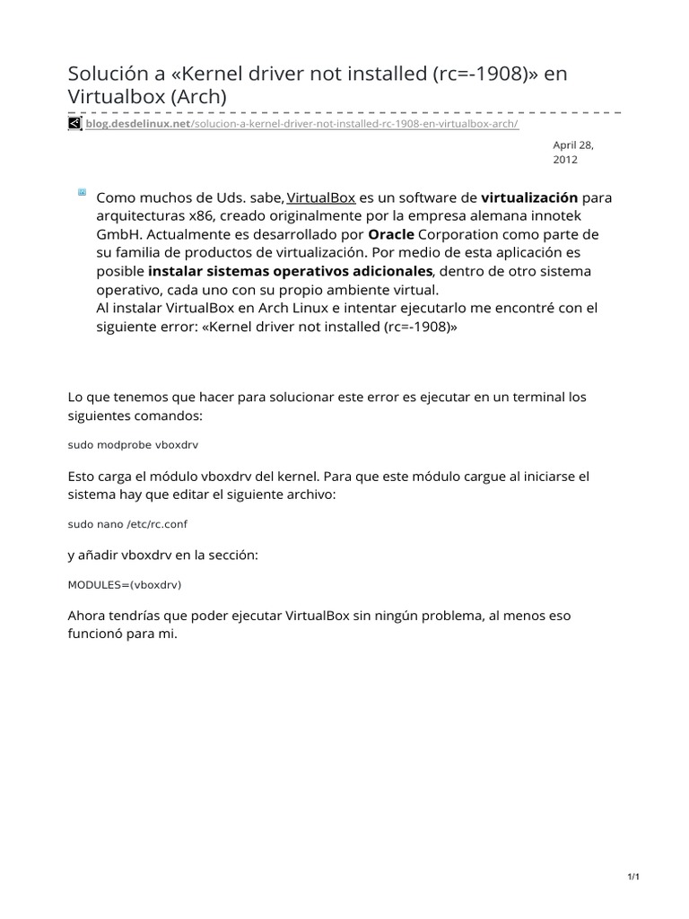 Solución A Kernel Driver Not Installed rc-1908 en Virtualbox Linux | PDF