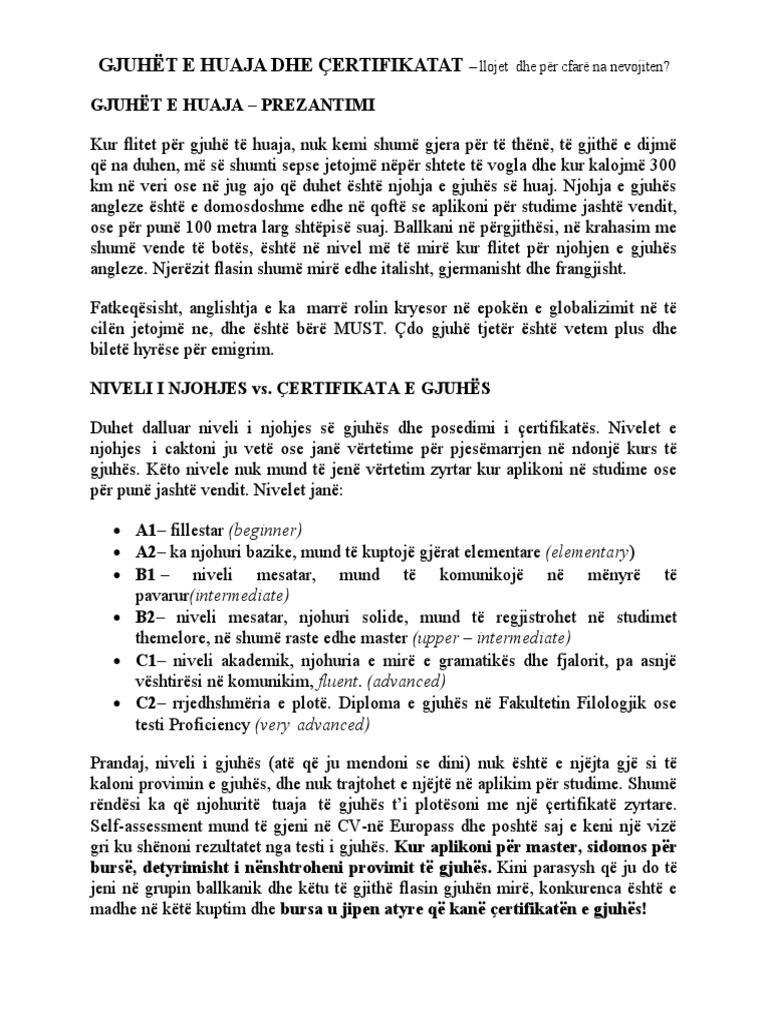 Gjuhët e Huaja Dhe Çertifikatat | PDF