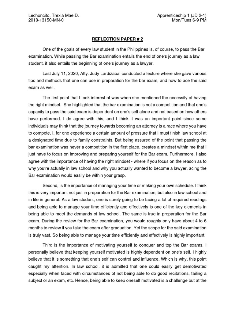 Reflection Paper No. 2 - Lechoncito, Trexia Mae | PDF | Law School | Lawyer