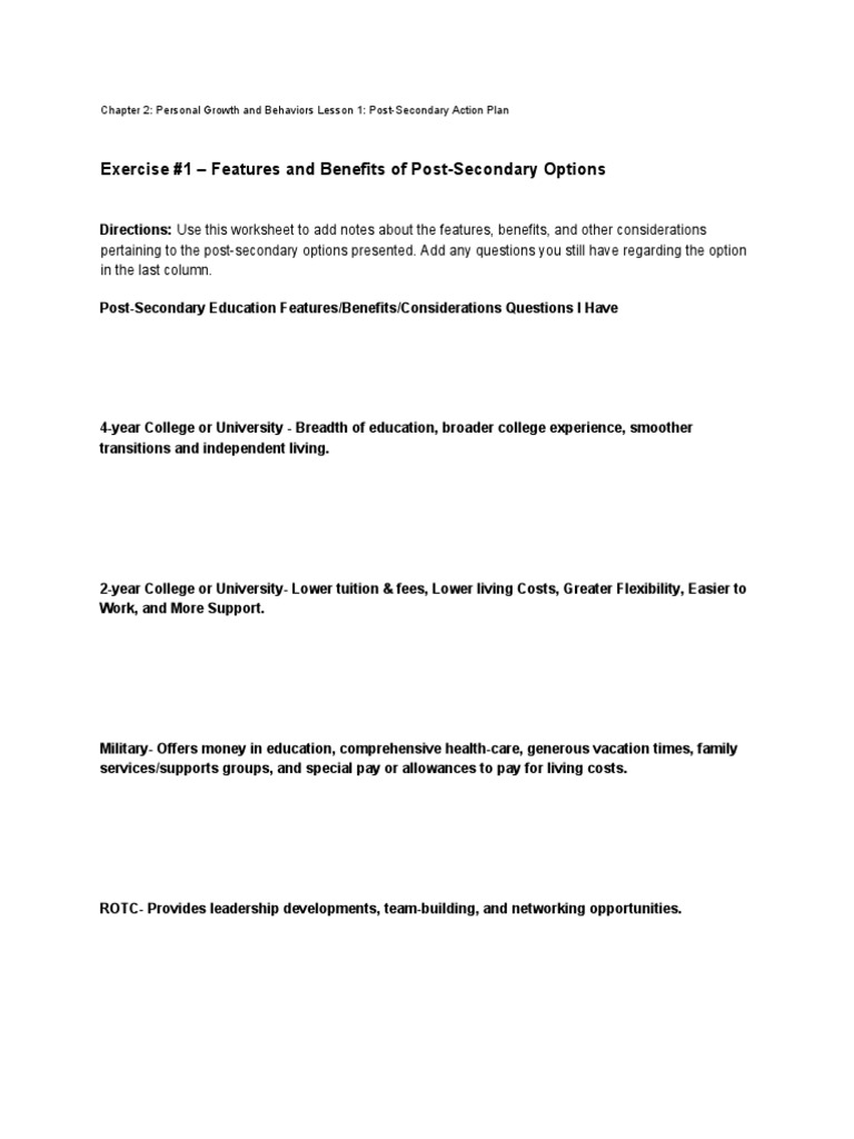 U3C2L1A1 - Exercise 1 - Features and Benefits of Post-Secondary Options ...
