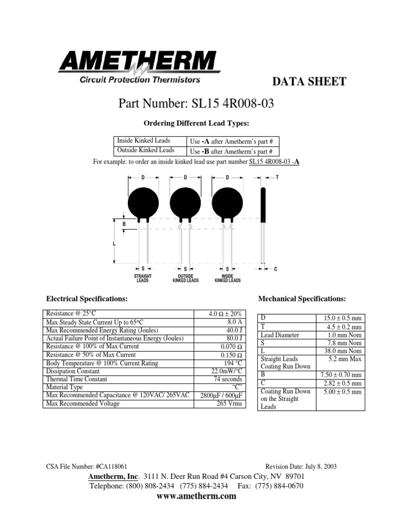 Part Number: SL15 4R008-03: Data Sheet | PDF | Electrical Resistance ...