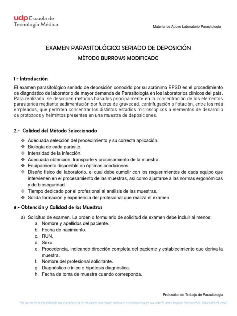 Examen Parasitológico Seriado de Deposición Método de Burrows Modificado | PDF | Heces ...