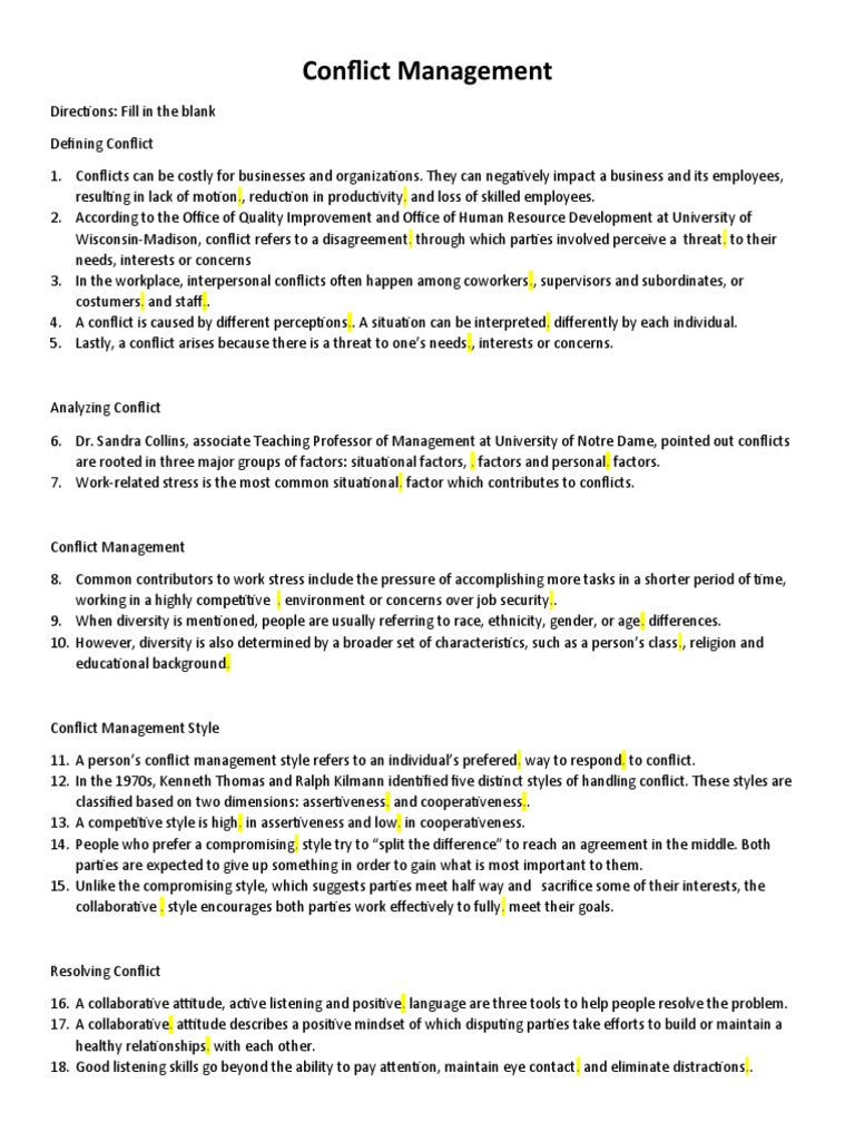 Conflict Management Worksheet | PDF | Conflict Resolution | Conflict ...