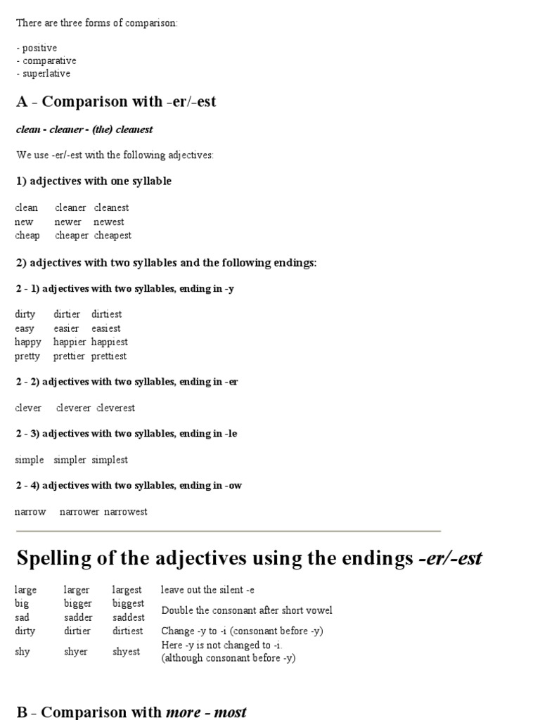 Spelling of The Adjectives Using The Endings - Er/-Est | PDF ...