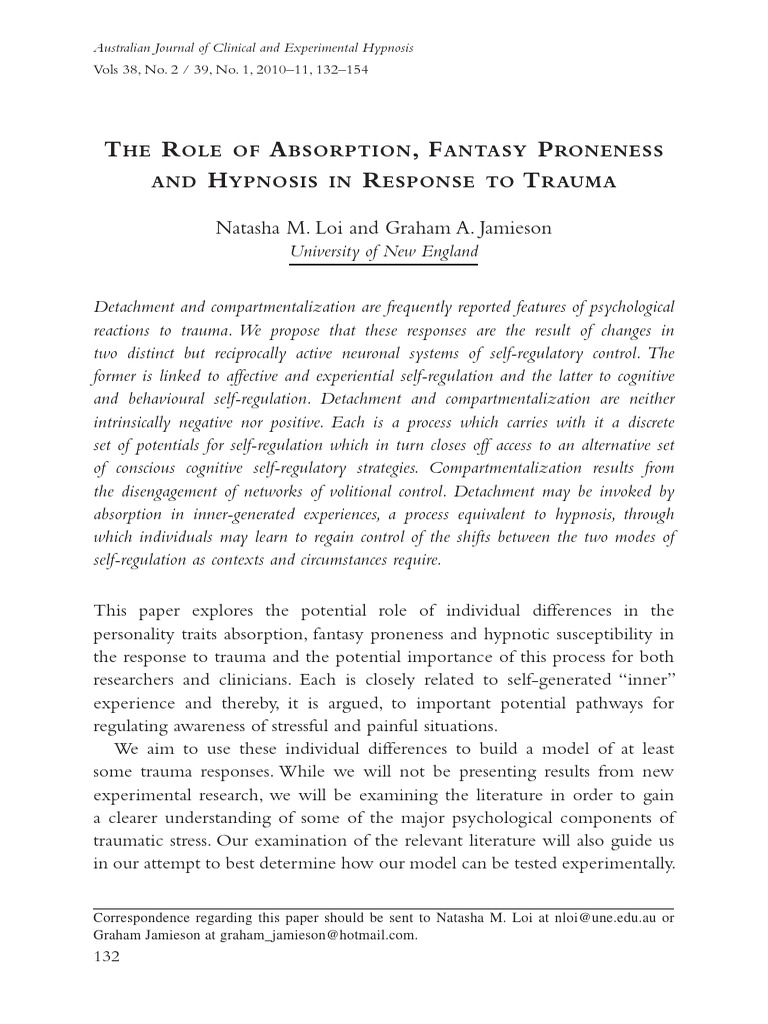 The Role of Absorption, Fantasy Proneness and Hypnosis in Response To ...