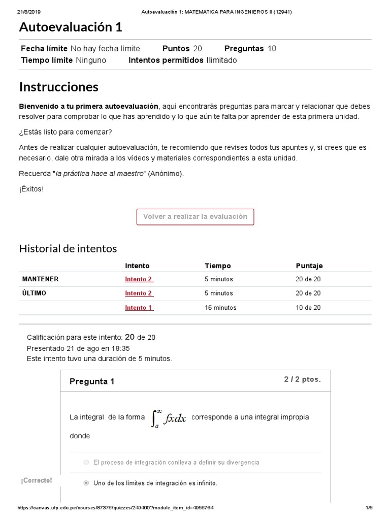 Autoevaluación 1_ MATEMATICA PARA INGENIEROS II | PDF | Integral | Cálculo