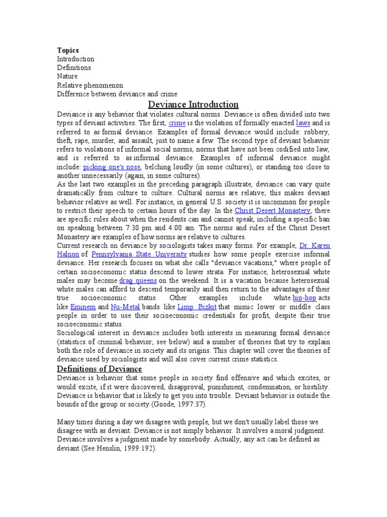 Deviance Introduction: Topics | PDF | Deviance (Sociology) | Crime ...