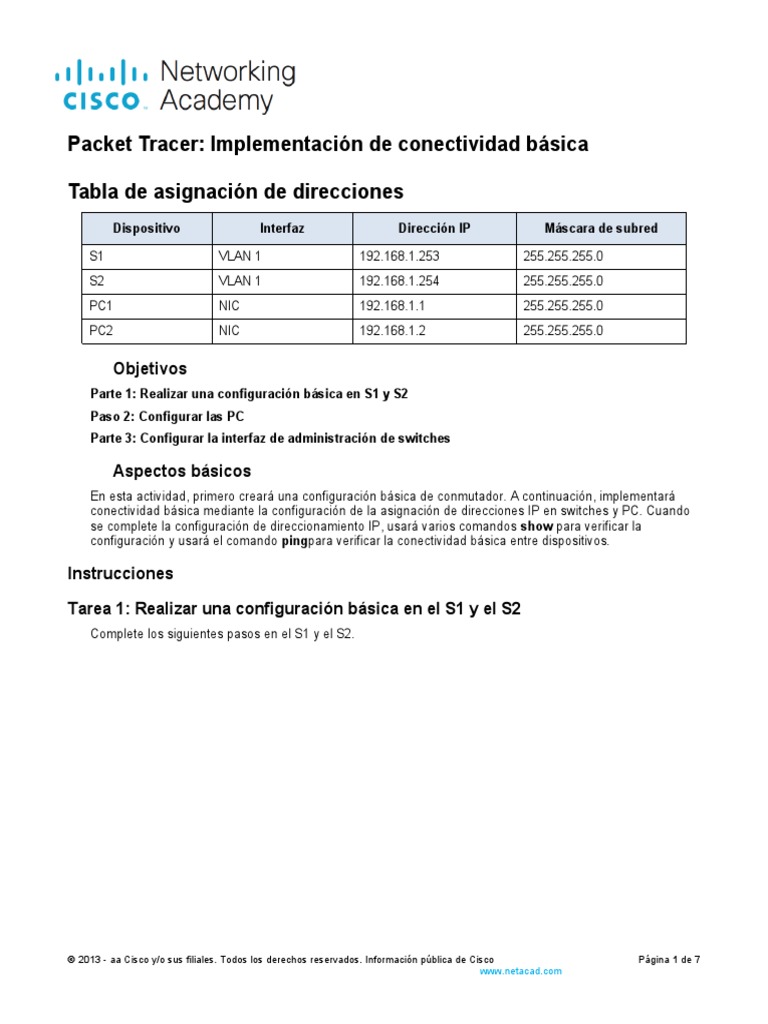 2.7.6 Packet Tracer - Implement Basic Connectivity | PDF | Dirección IP | Conmutador de red