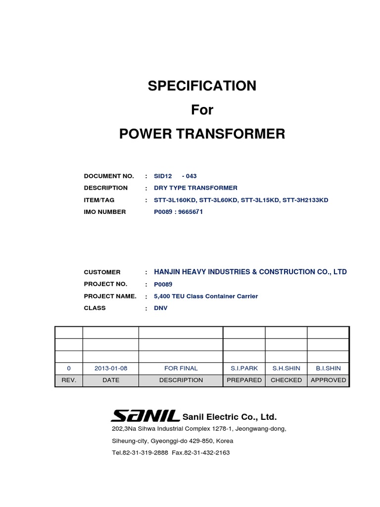Specification For Power Transformer:::: Document No. Description Item ...