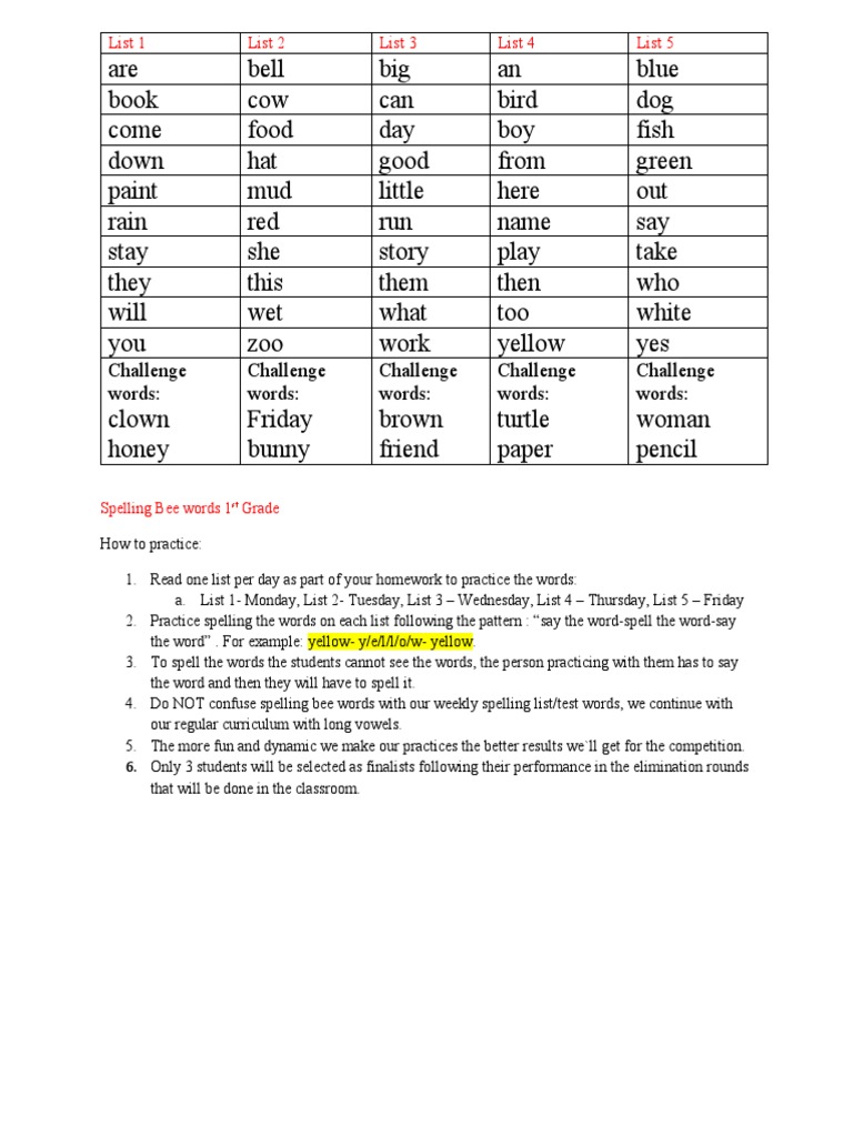 Spelling Bee Words 1ST Grade | PDF