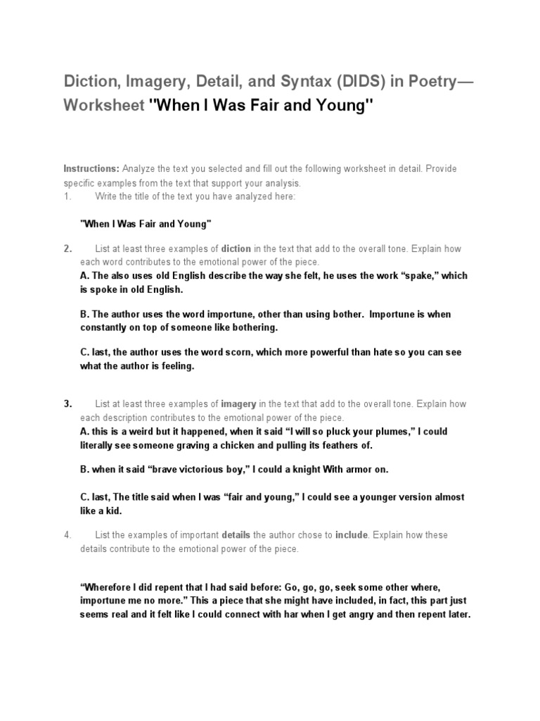 Diction, Imagery, Detail, and Syntax (DIDS) in Poetry - Worksheet | PDF ...