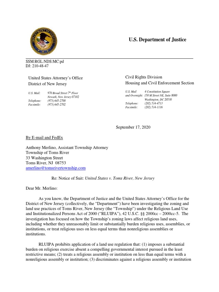 Justice Department Letter To Toms River | PDF | Government | Justice