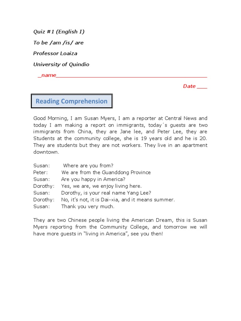 Reading Comprehension: Quiz #1 (English I) To Be /am /is/ Are Professor ...