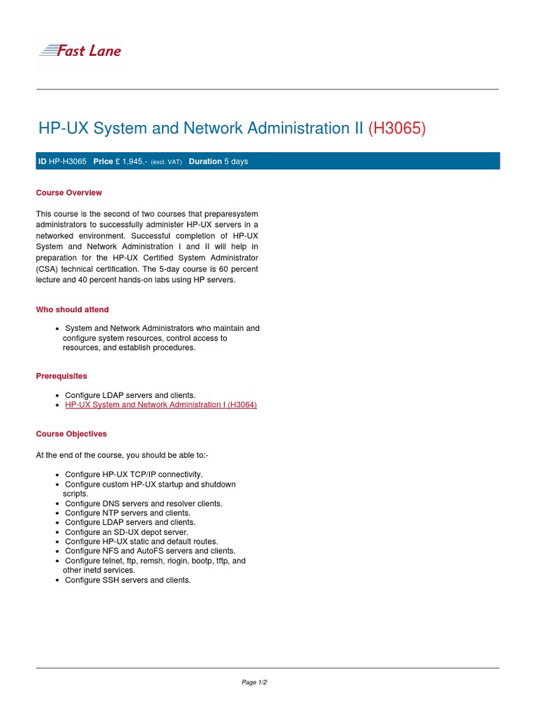 HP-UX System and Network Administration II: ID HP-H3065 Price 1,945. | PDF