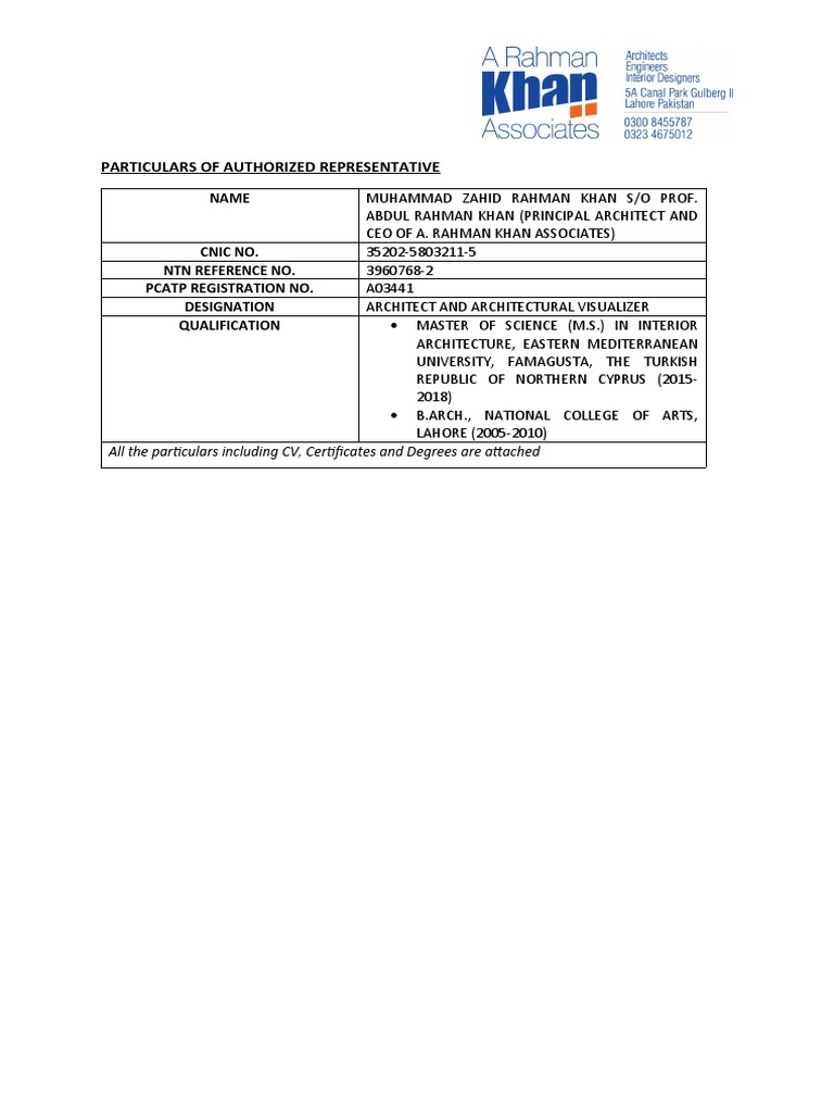 Authorized Representative Details: Muhammad Zahid Rahman Khan | PDF