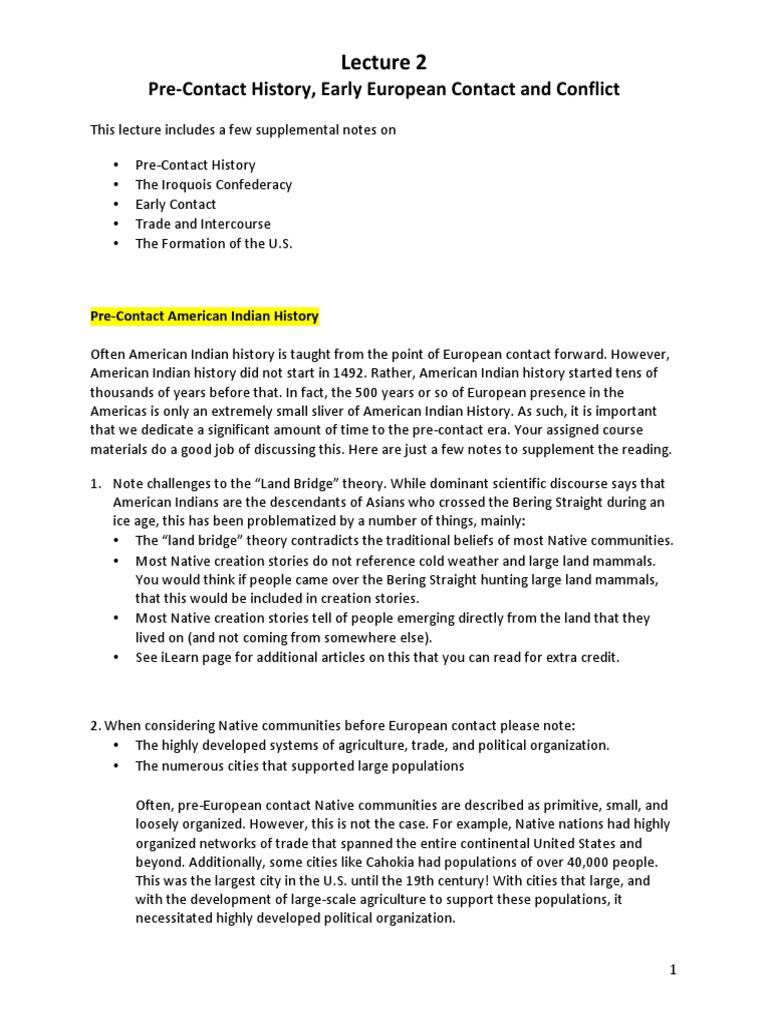 AIS 150 Lecture 2 - Precontact, Early Contact, Formation of US ...