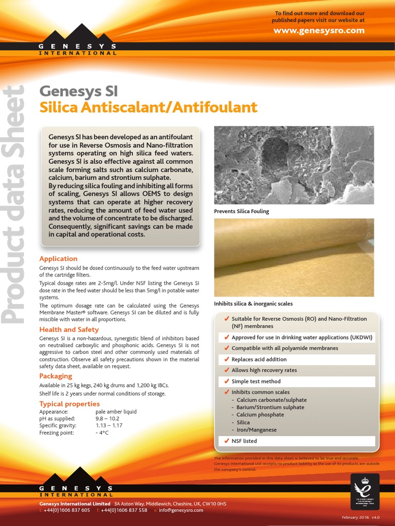 Genesys SI: Silica Antiscalant/Antifoulant | PDF | Membrane | Water