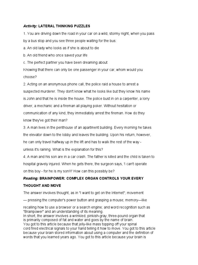 Activity: Lateral Thinking Puzzles: Thought and Move | PDF | Dendrite ...