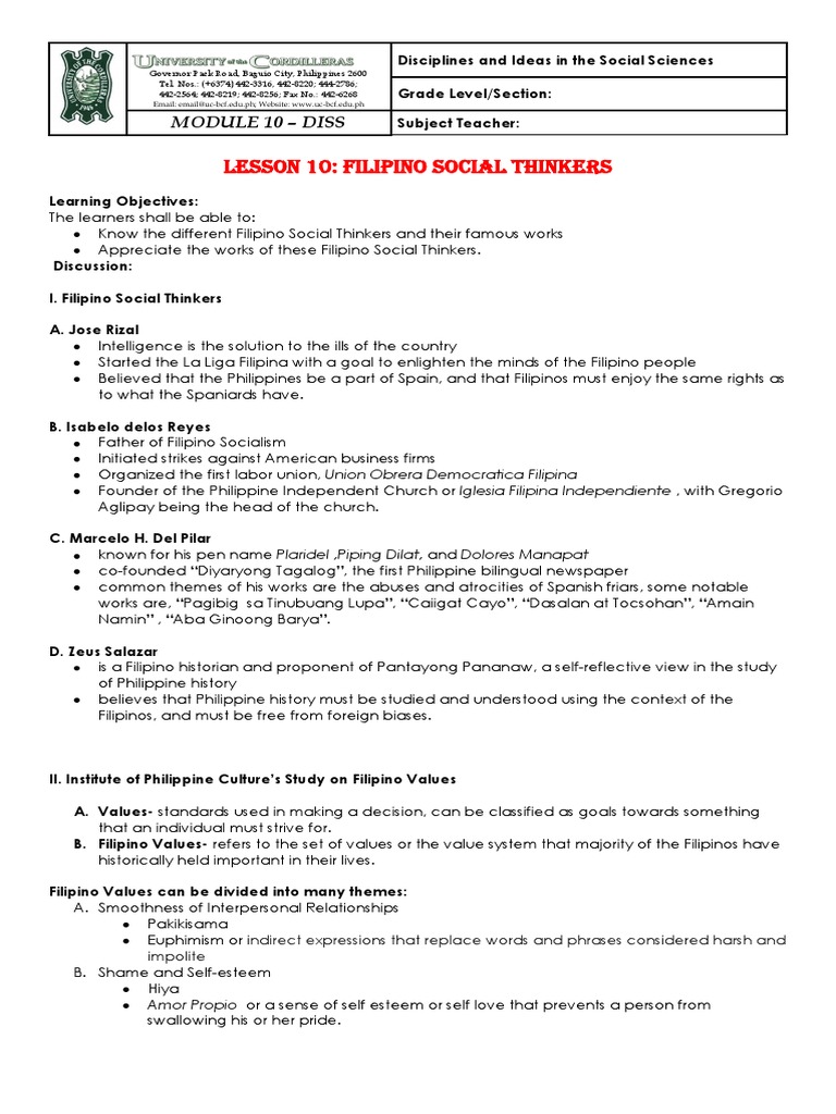 LESSON 10: Filipino Social Thinkers: Module 10 - Diss | PDF | Philippines | Value (Ethics)