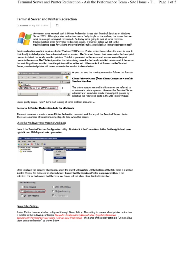 TS & Printer Redirection | PDF | Remote Desktop Services | Ibm Pc ...