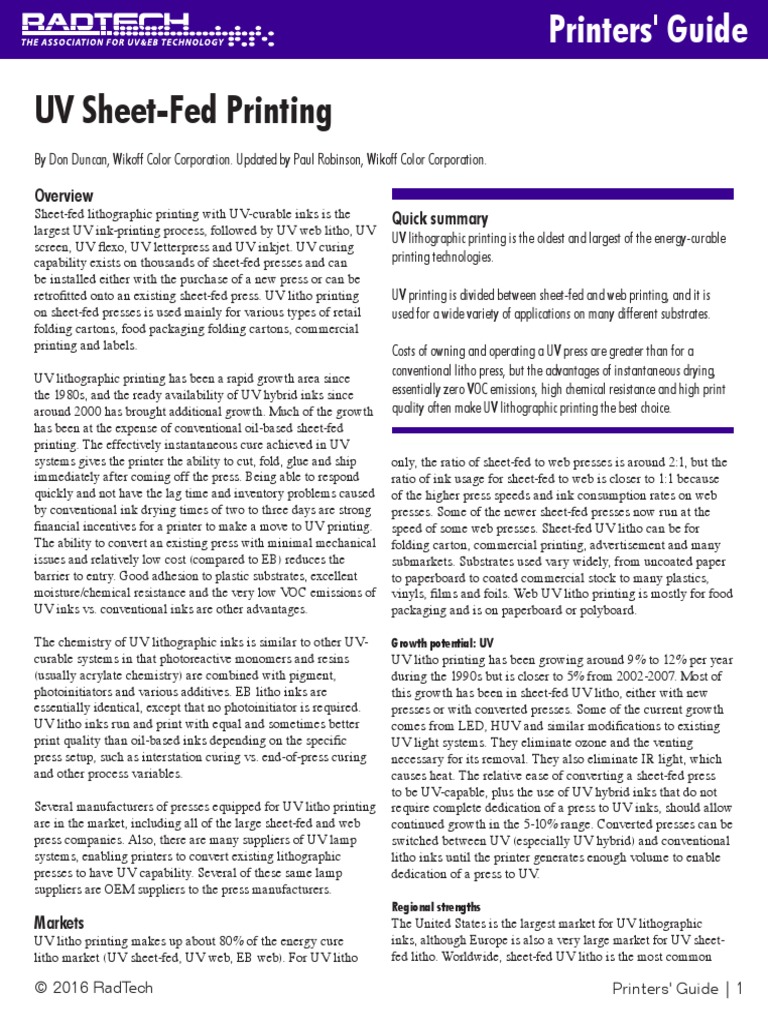 UV Sheet-Fed Printing: Quick Summary | PDF | Ultraviolet | Lithography