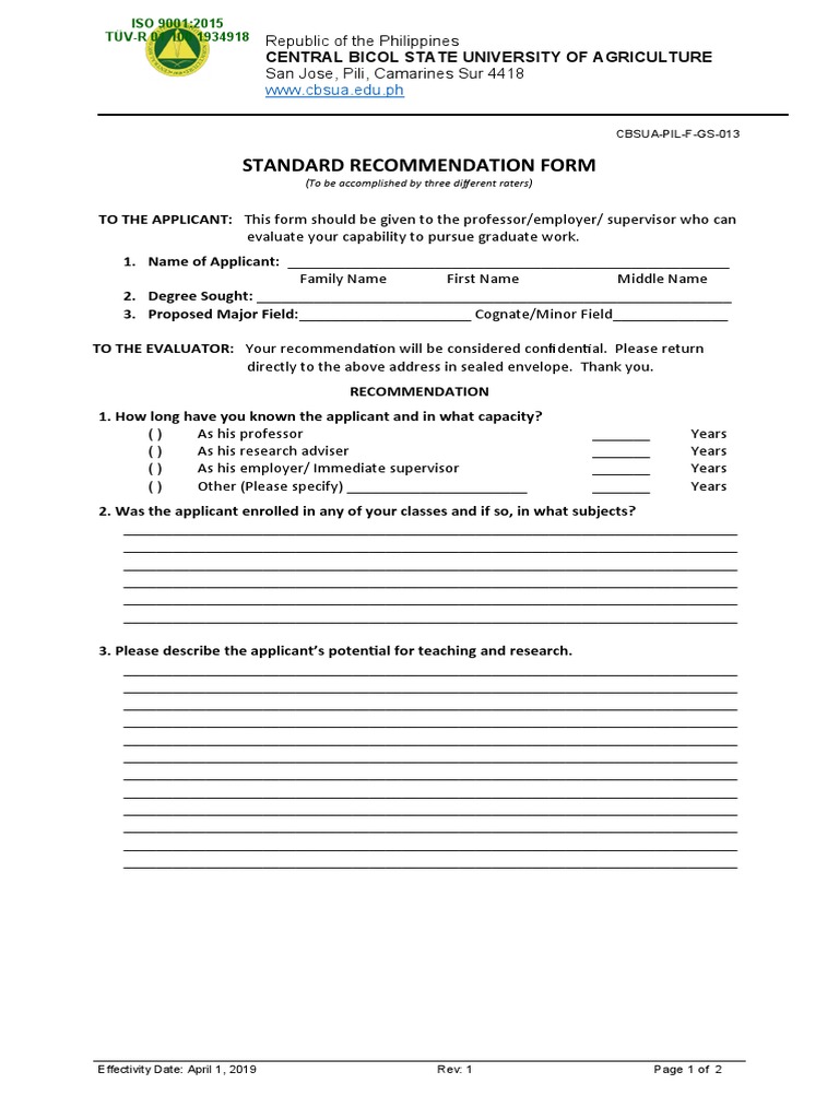 Standard Recommendation Form: WWW - Cbsua.edu - PH | PDF | Applied Psychology | Psychological ...