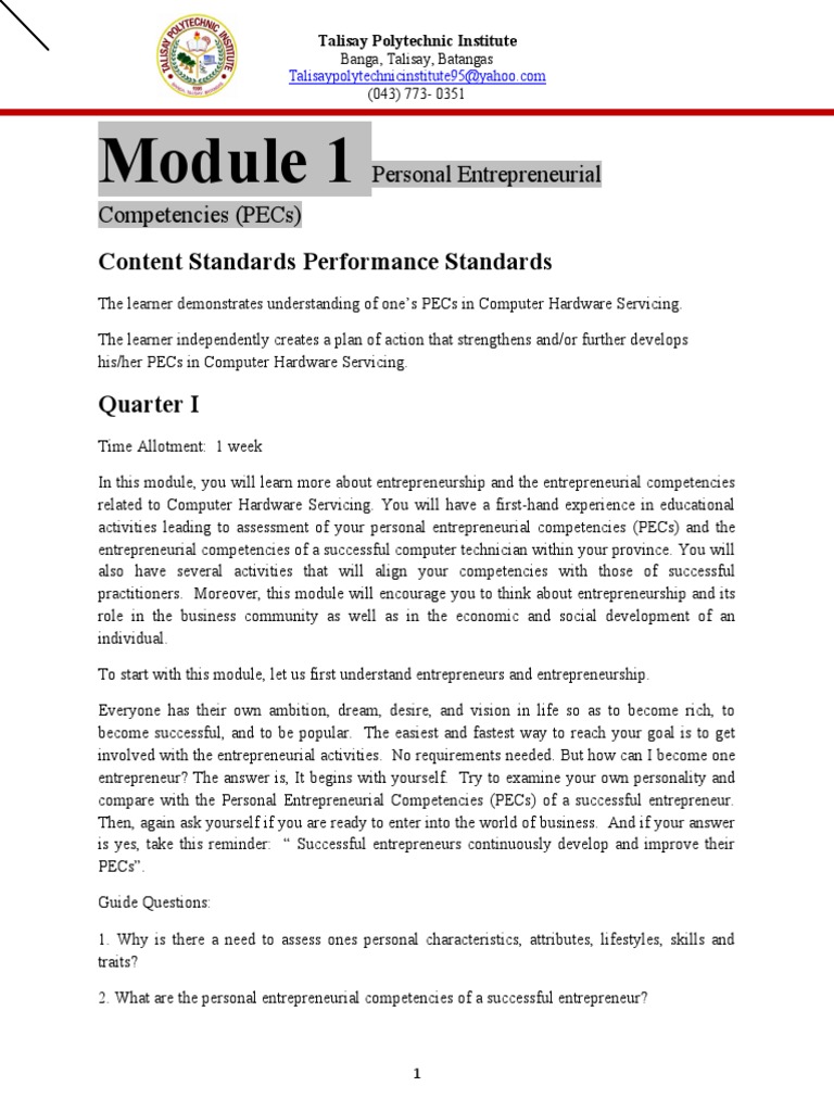Module 1 Personal Entrepreneurial Competencies | PDF | Entrepreneurship ...