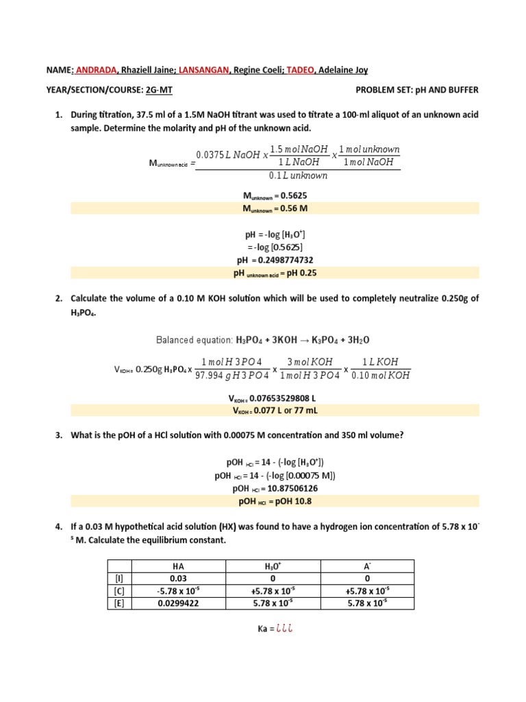 Problem Set For PH and Buffers | PDF | Ph | Buffer Solution