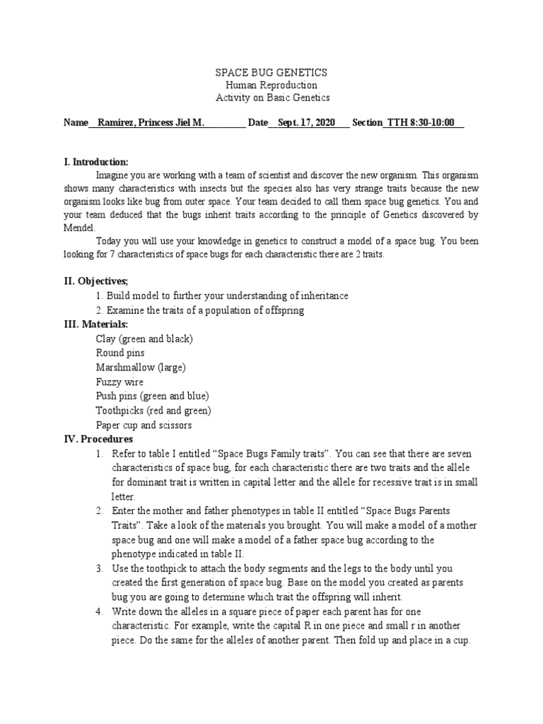 Space Bug Genetics Model Activity | PDF | Zygosity | Genetics