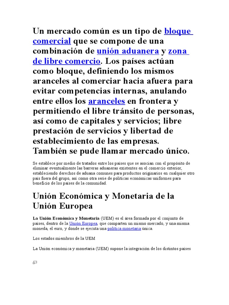 Un Mercado Común Es Un Tipo de Bloque Comercial Que Se Compone de Una ...