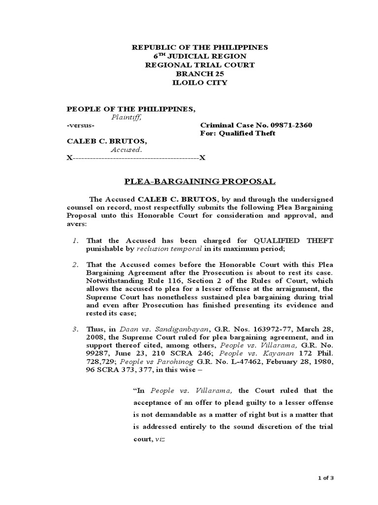 Plea-Bargaining Proposal: Republic of The Philippines 6 Judicial Region ...