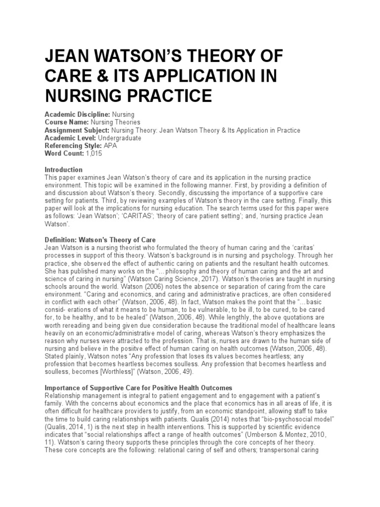 Jean Watson's Theory of Care & Its Application in Nursing Practice ...